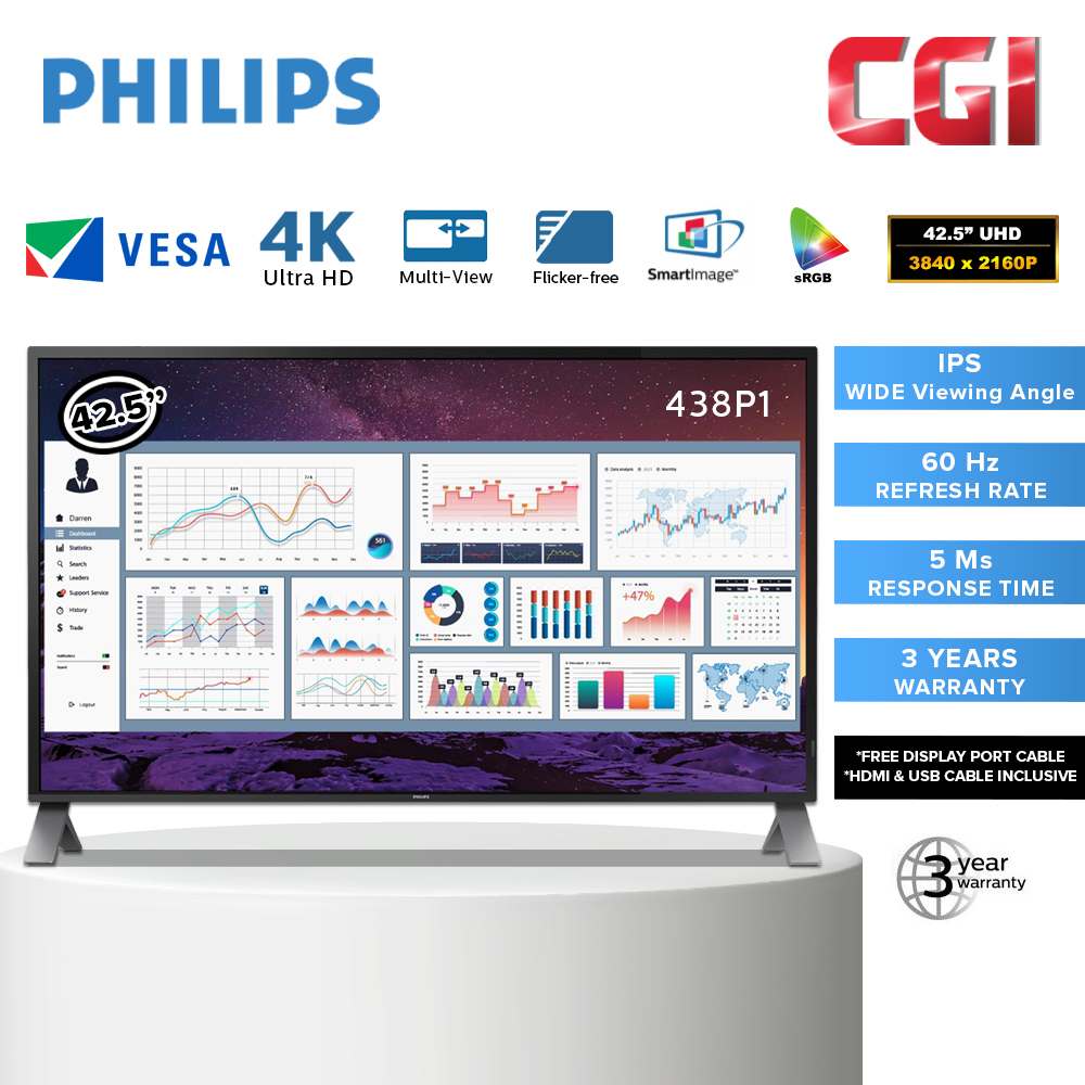 Philips 42.5" 438P1 5ms 4K Ultra HD LCD display with MultiView Monitor ...