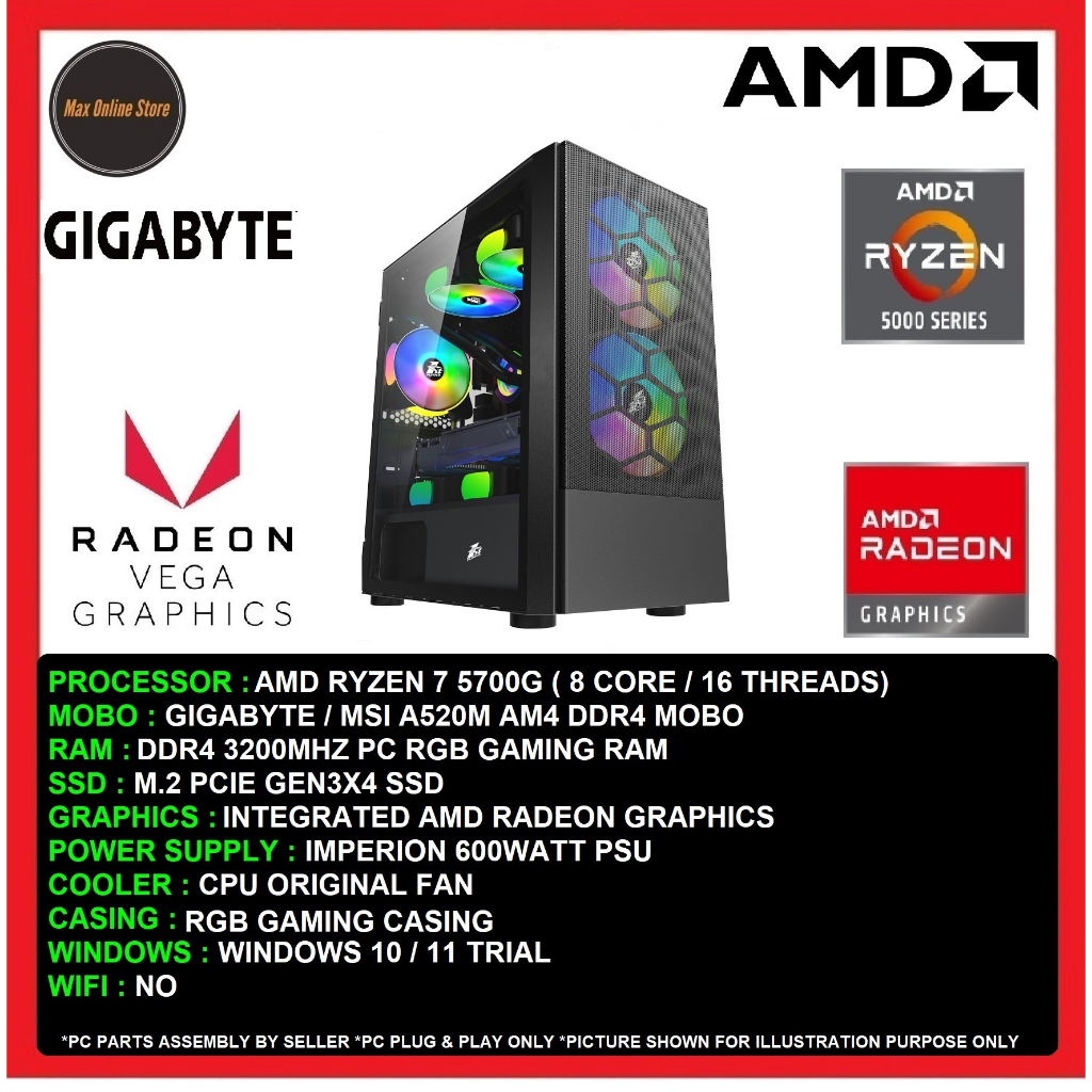 Gaming PC Desktop AMD Ryzen 7 5700G/8GB/16GB/256GB SSD/512GB SSD/Vega Graphics/600W | Shopee ...