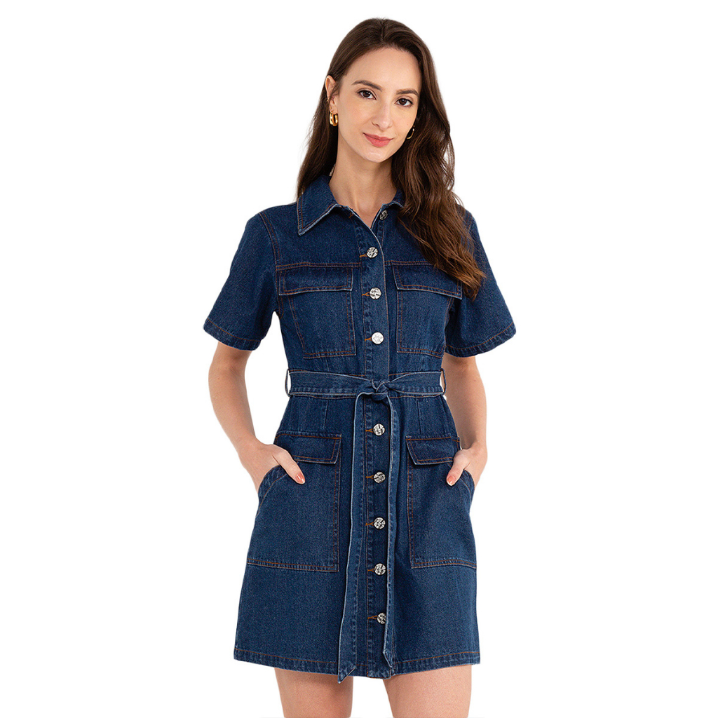 ELLE Apparel Denim Belted Dress ES100657-A302305 | Shopee Malaysia