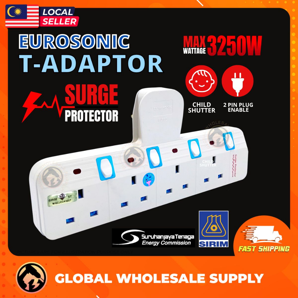 [READY STOCK] EUROSONIC 3 WAY / 4 WAY T-ADAPTOR 3 Pin Socket Extension ...