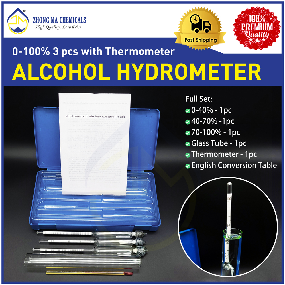 Alcohol Meter (Hydrometer) 0%-100% 3 Pcs (Full Set with Thermometer, Glass Tube, English ...