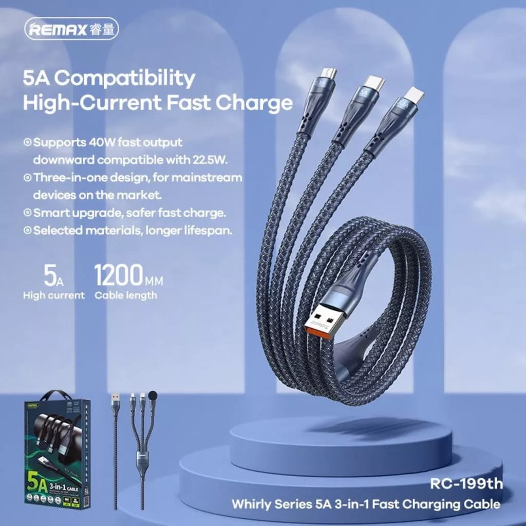 REMAX RC-199th WHIRLY SERIES 5A 3-in-1 USB Fast Charging Data Cable For ...