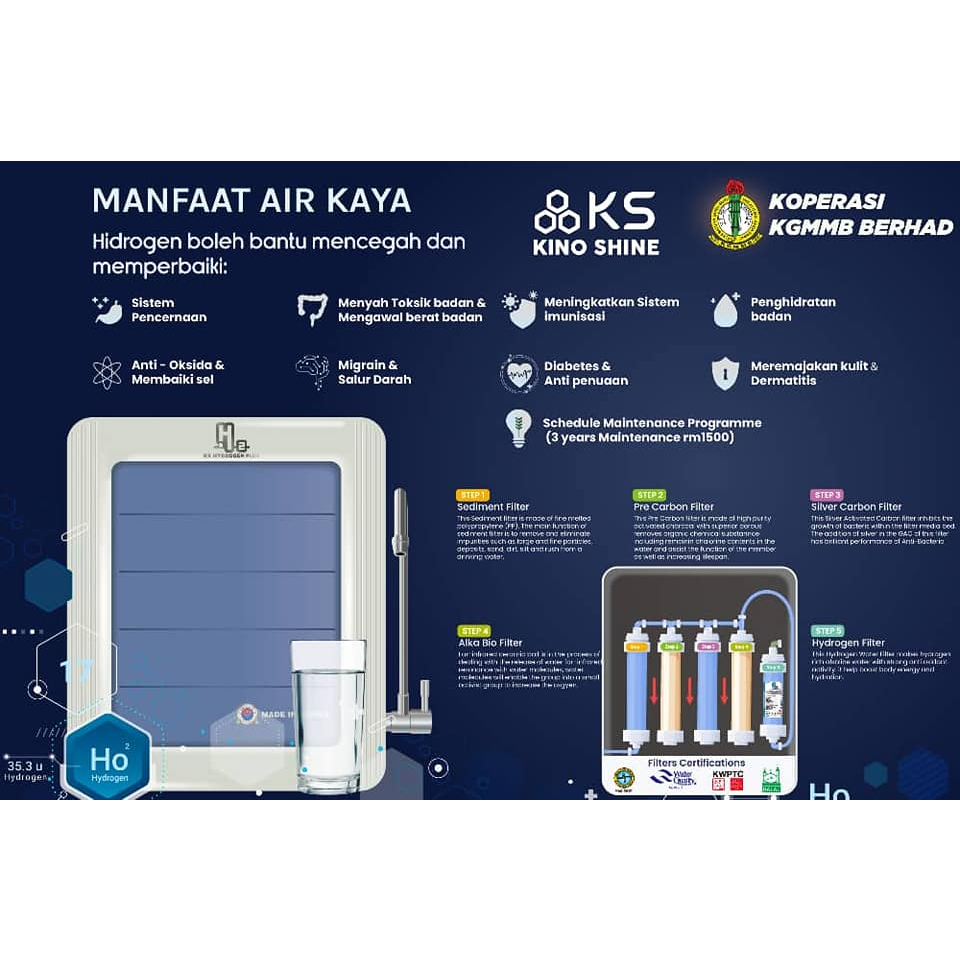 H2 KS Hydrogen Plus with 5 Stages Filtration Pipe In System Hydrogen ...