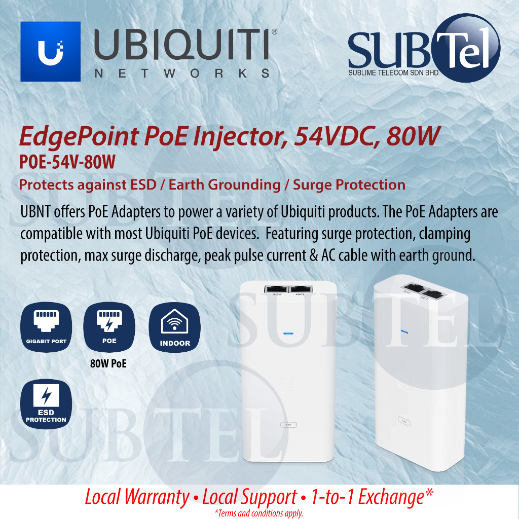 Ubiquiti EdgePoint PoE Injector, 54VDC, 80W POE-54V-80W for EP-R8, EP-S16 | Shopee Malaysia