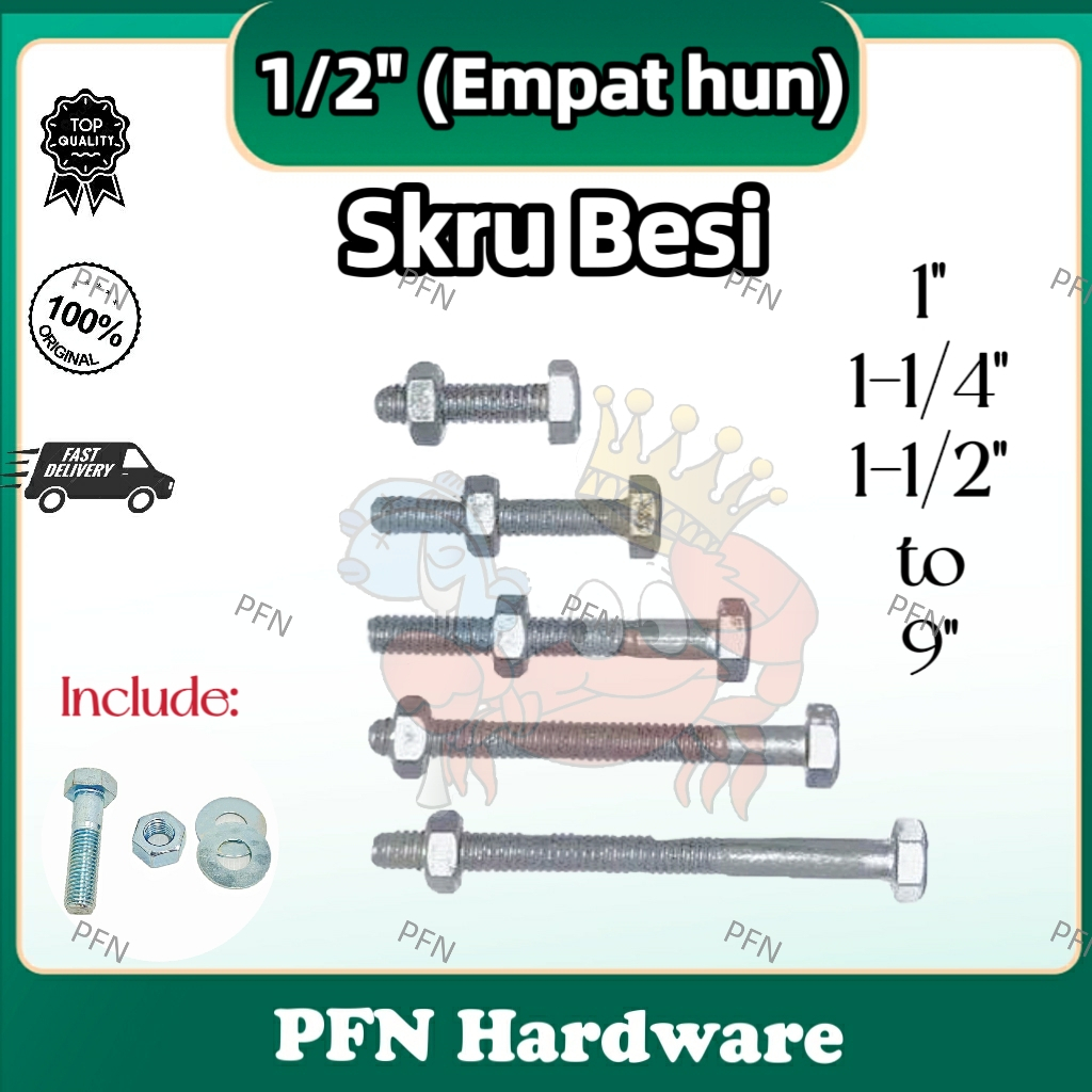 Skru besi 1/2-12mm-enpat hun Iron screw Threaded Galvanized Mild Steel ...