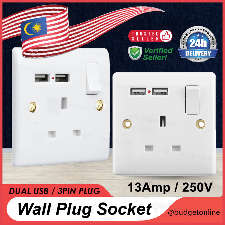 13A Fast Charging 3 Pin Plug Wall Socket with Dual USB Charging Ports ...