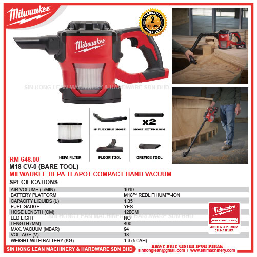 MILWAUKEE M18 CV-0 (BARE TOOL) HEPA TEAPOT COMPACT HAND VACUUM M18 CV ...