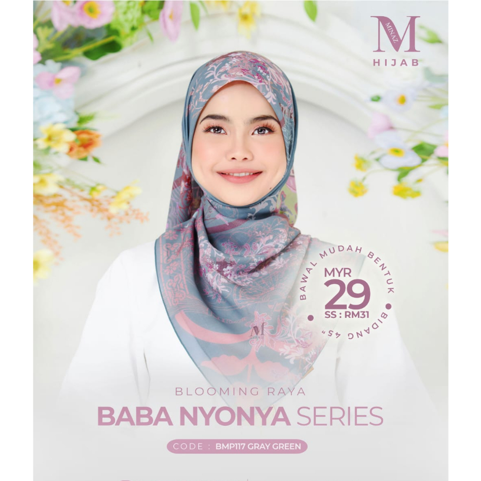 MINAZ HIJAB: BLOOMING RAYA 2023 BABA NYONYA SERIES : (BMP 117 GRAY ...