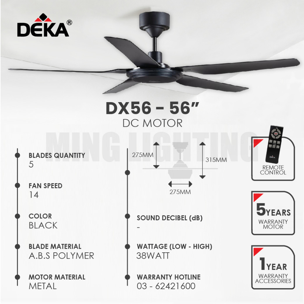 (Sirim) DEKA Ceiling Fan DX56 Remote Control 5 ABS Blades 56" DC Motor ...