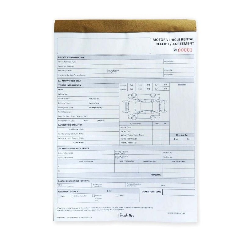 Buku Resit Perjanjian Sewa Kereta Car Vehicle Rental Receipt Agreement ...