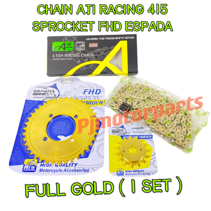 415 (1 Set)LC135/RXZ/Y125Z/125ZR/SRL 110/Y15 Y16 (4 Lubang)415 Aji Racing Gold Chain Rantai ...