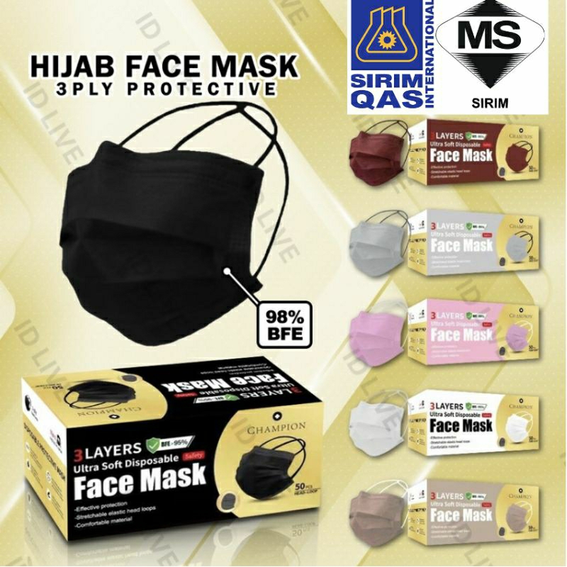 50Pcs Hijab Mask 3Ply Face Mask Head Loop Headloop Mask Black Blue Pink ...