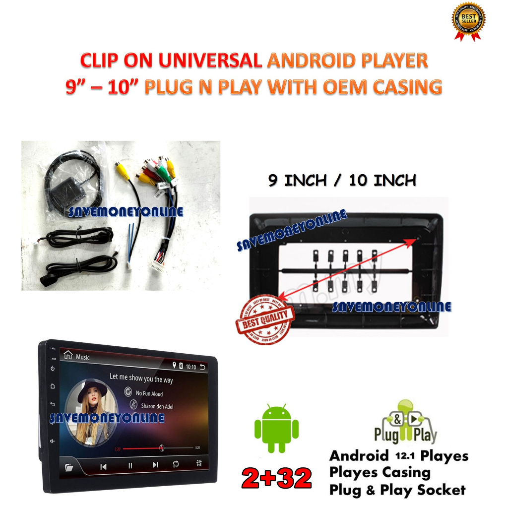 CLIP ON UNIVERSAL ANDROID PLAYER 9” INCH – 10” INCH PLUG N PLAY WITH ...