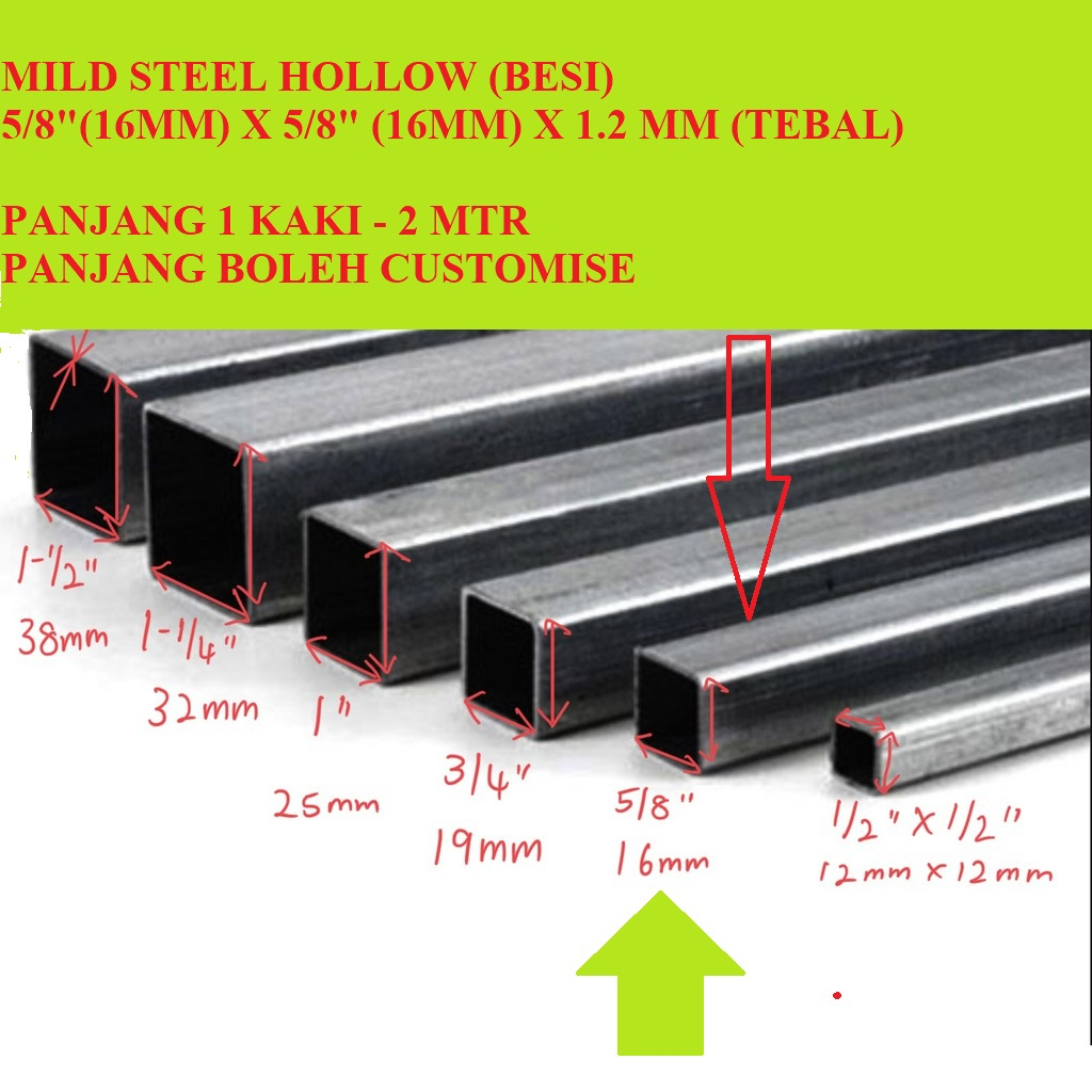 (BESI) MILD STEEL HOLLOW 5/8" (16 MM) X 5/8" (16 MM) X *1.2MM** (LAGI ...