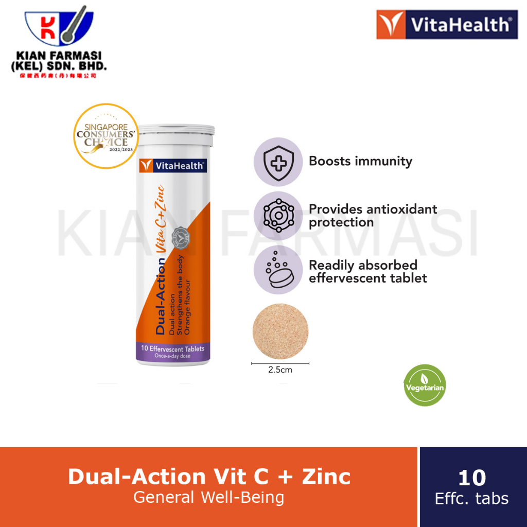VitaHealth Dual-Action Vita C 1000mg +Zinc Effervescent Tablets 10's ...