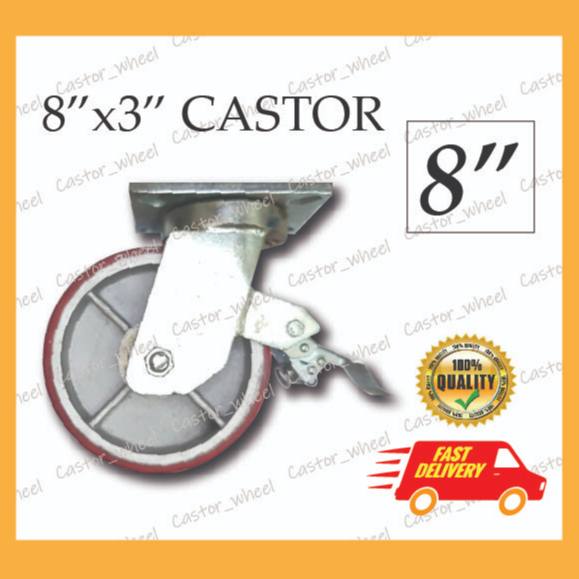 8'' X 3" EXTRA HEAVY DUTY CPU FLAT PU ON CAST IRON BRAKE CASTOR/CASTER ...