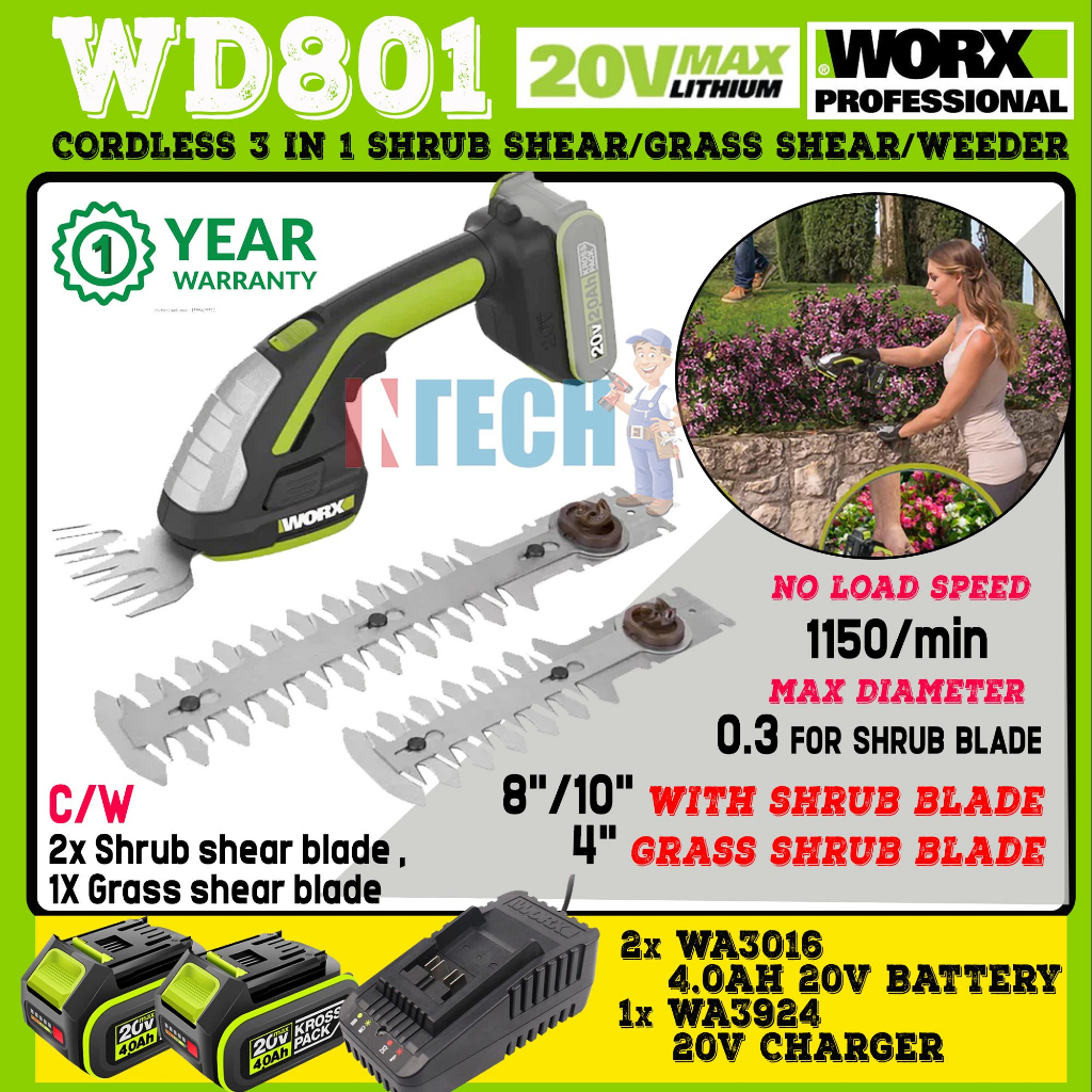 WORX WD801 / WG801E 20V ZEN CORDLESS SHRUB/GRASS SHEAR | Shopee Malaysia
