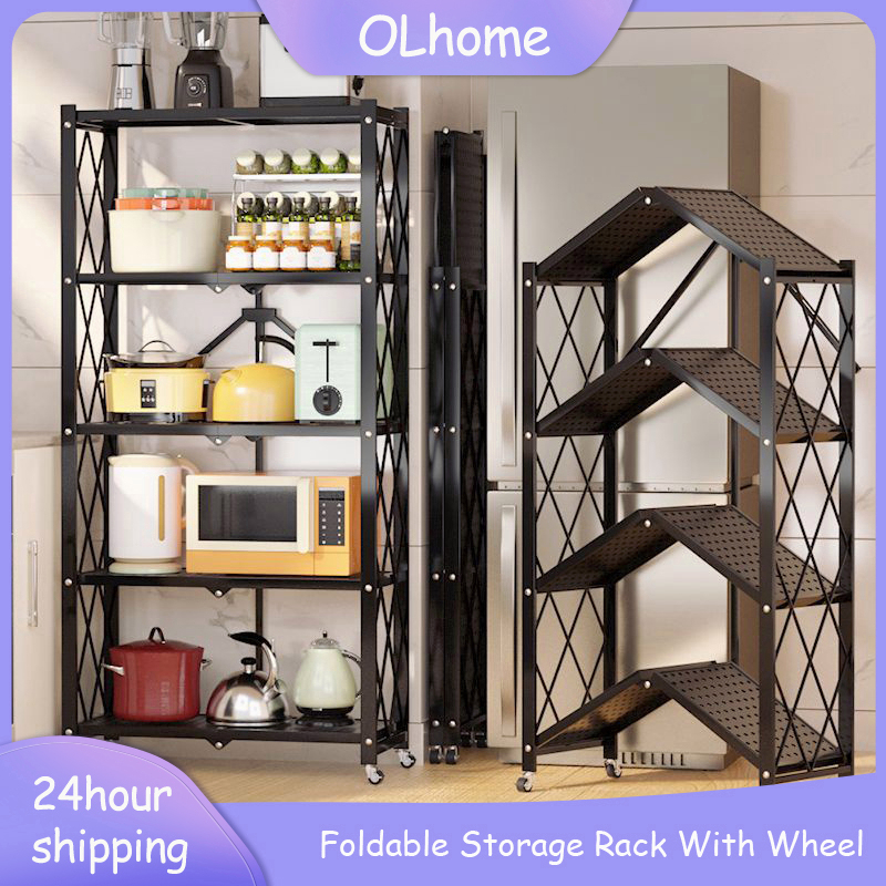 Foldable Storage Rack With Wheel 3/4/5 Tiers Foldable Rack Dapur Rak ...