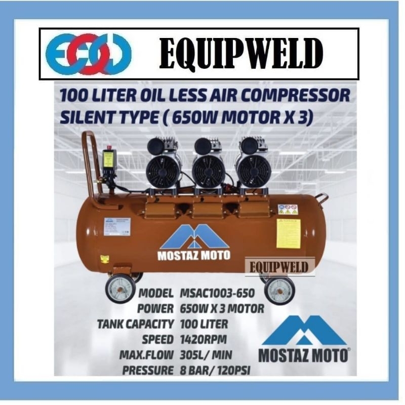MOSTAZ MSAC1003-650 3 HEAD 100 LITRE OIL-LESS AIR COMPRESSOR (650W ...