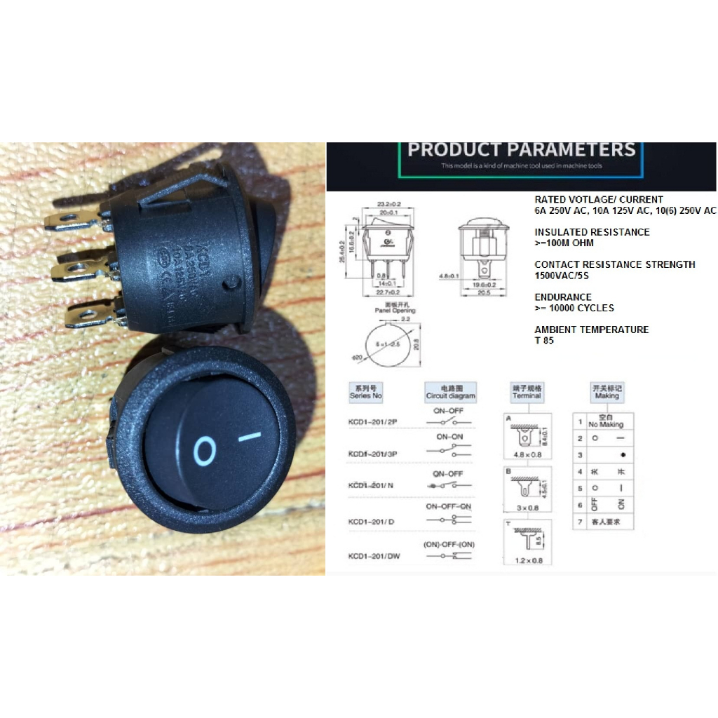 KCD1 PB86-A1 ON/OFF Round Rocker Toggle Switch 6A 250VAC Plastic Power ...