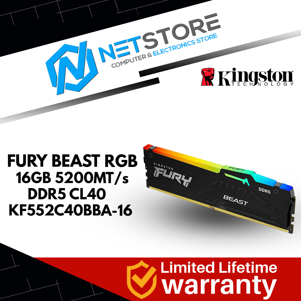 KINGSTON FURY BEAST RGB 16GB 5200MT/s DDR5 CL40 DIMM DESKTOP MEMORY - KF552C40BBA-16 | Shopee ...