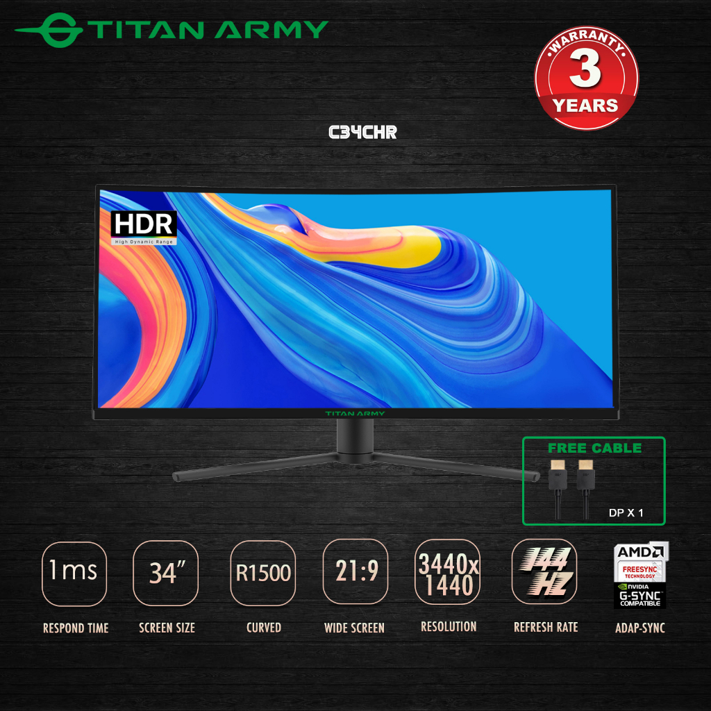 TITAN ARMY 34” Curved 2K WQHD 144Hz 1ms HDR400 99%sRGB Adaptive Sync ...