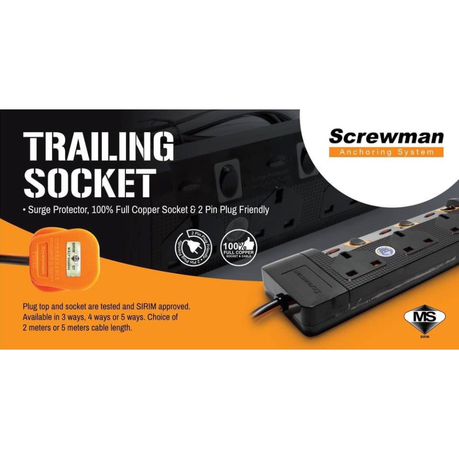 SCREWMAN 3 Gang Trailing Socket (5M)(Full Cooper Wire) | Shopee Malaysia