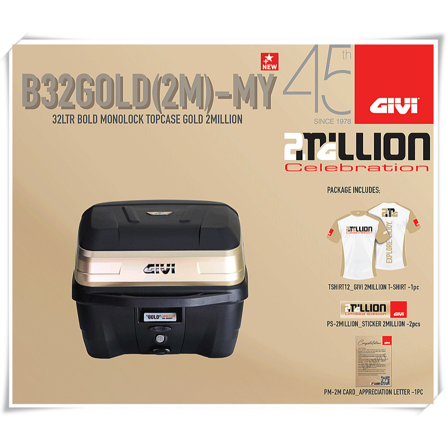 GIVI BOX B32GOLD(2M)-MY 32LTR BOLD MONOLOCK TOPCASE GOLD 2MILLION ...