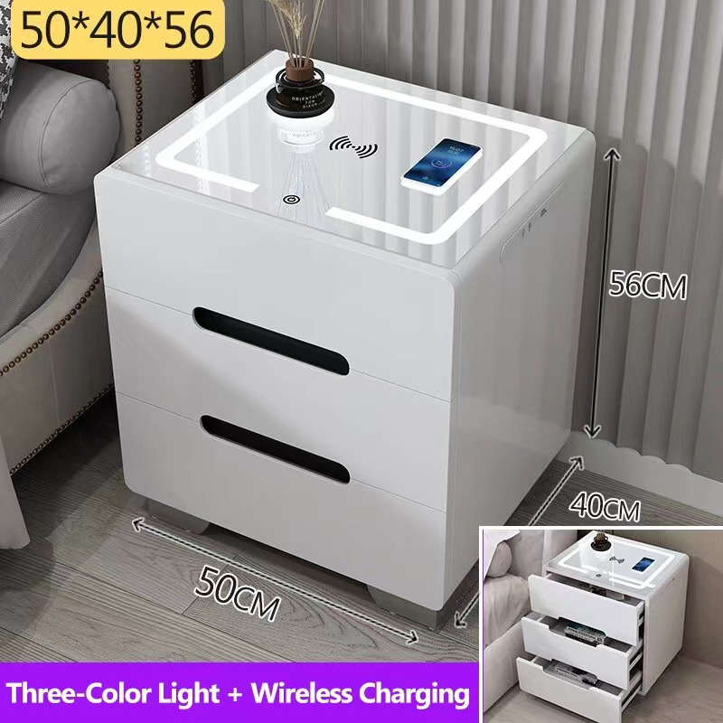 Smart Side Table Drawer Solid Wood Multifunction with 3-Color Lamp Storage Bedside Table ...