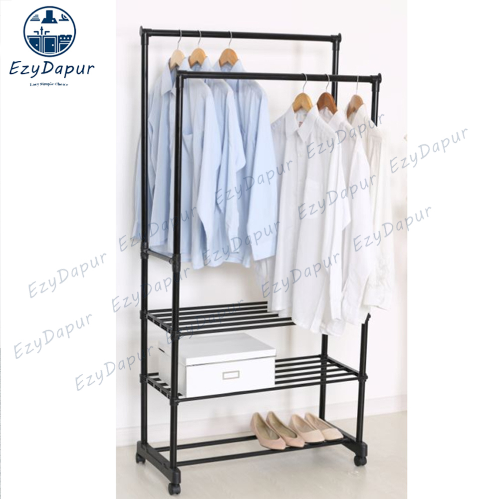 EZYD Double Garment Cloth Hanger and Shoe Rack Shoe Holder Black Powder ...