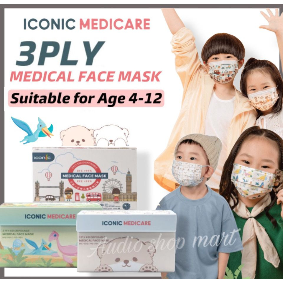 Iconic Medicare Kid 3 Ply Medical Face Mask - Dino & Bears (30pcs ...