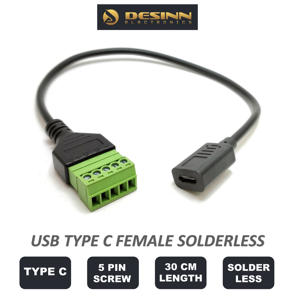 USB Type C Male to 5 Pin Screw Terminal Female Solderless Bolt Screw ...