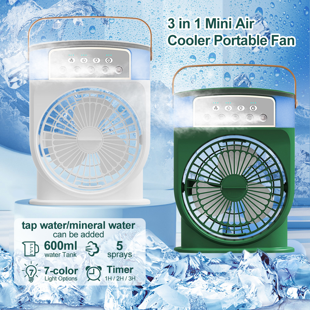 Air Cooler Fan 3 in 1 Mini Portable Fan Humidifier with 7 Colors LED ...