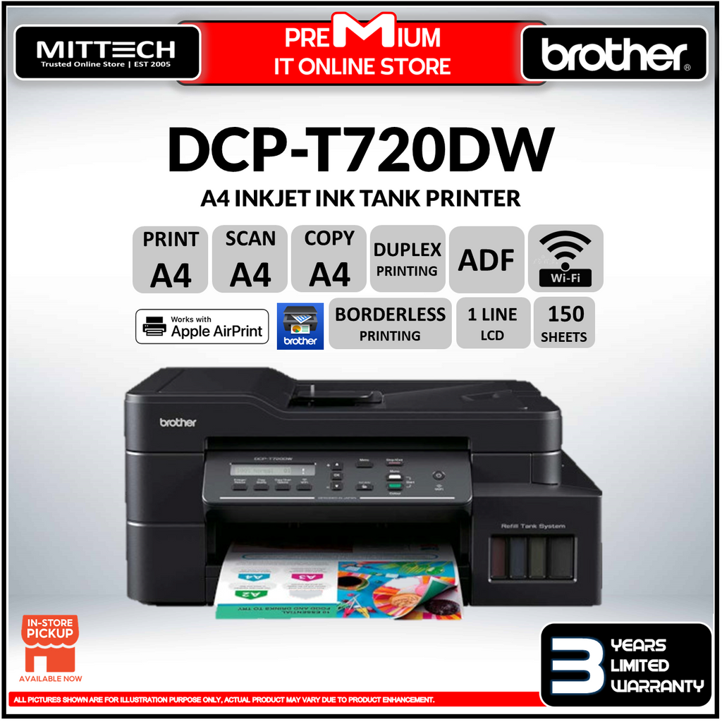 Brother DCP-T720DW A4 3-in-1 Wireless Colour Inkjet Printer | Refill ...