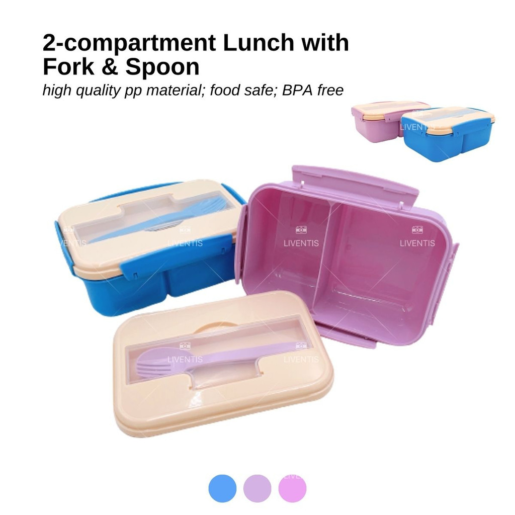 1100ml Lunch Box with Fork & Spoon 2-compartment Food Container Bekas ...