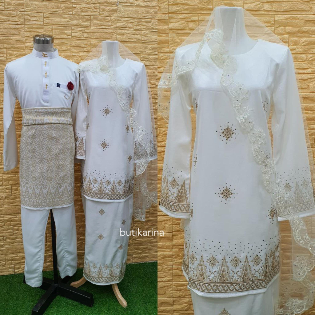 Baju Nikah Full Set Couple Sedondon warna Putih Sulam Gold - Kurung ...
