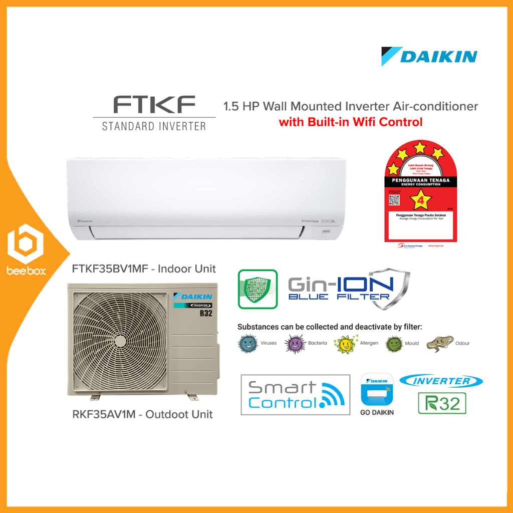 Daikin FTKF35BV1MF 1.5 HP Wall Mounted Standard Inverter Air-conditioner with Built-in Wifi ...