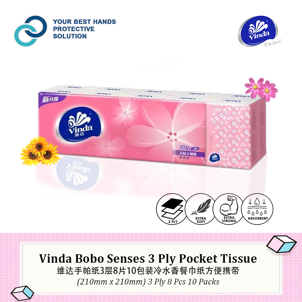 Vinda Bobo Senses 3 Ply Pocket Tissue 8 Pcs 10 Packs Extra Strong soft ...