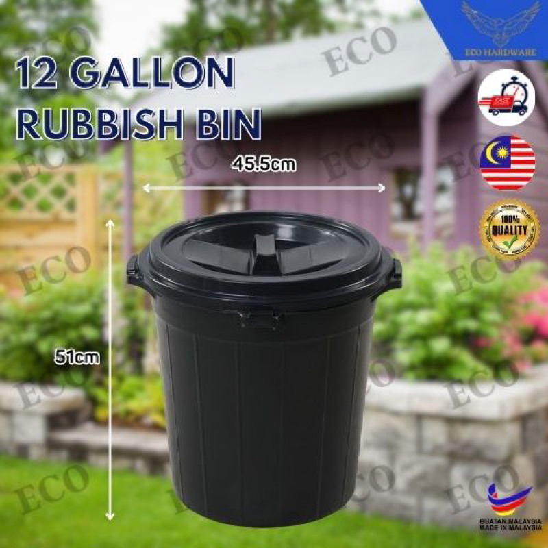 12 Gallon/45 Liter Black Plastic Dustbin With Cover/Tong Sampah Hitam/Garbage Rubbish Bin/Black ...