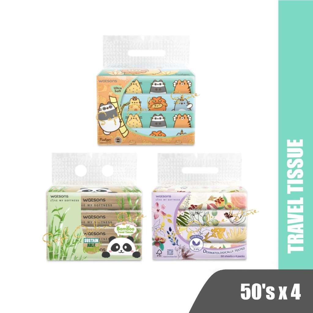 WATSONS Travel Tissue Facial Tissue (50's x 4packs) - Pusheen / Bamboo ...