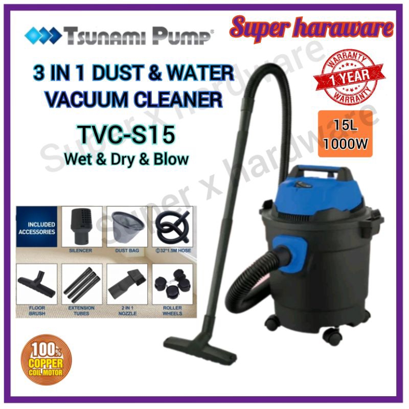 TVC-S15 Tsunami 3 in 1 Industrial Dust & Water Vacuum Cleaner Series 15L 1000W Wet,Dry,Blow ...