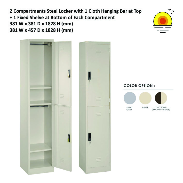 2 Compartments Steel Locker with 1 Cloth Hanging Bar at Top + 1 Fixed ...