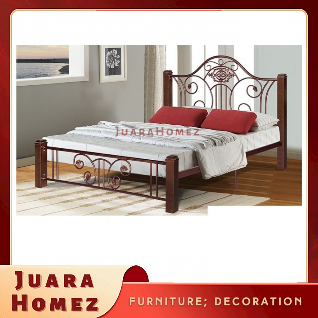 Slat Base Metal + Wood Queen Bed / Heavy Duty Queen Bed / Katil Queen ...
