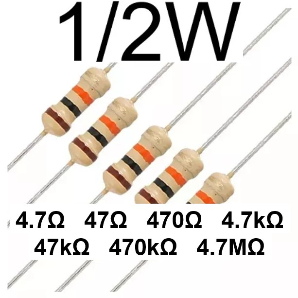 (50pcs) 1/2W Carbon Film Resistor (4.7 ohm to 4.7M ohm) - 5% Tolerance ...