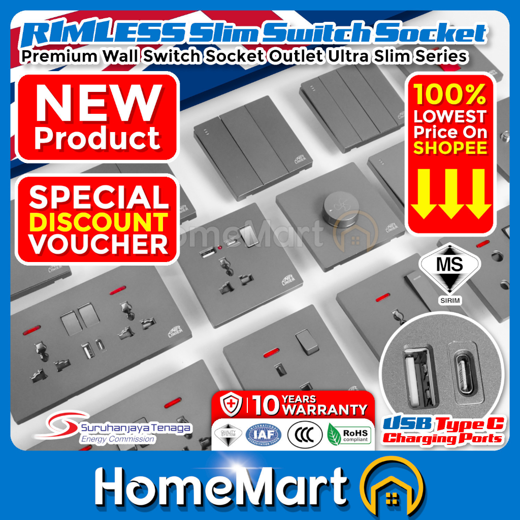 【LINIER ULTRA SLIM】 Switch Socket Modern Wall Switches SPACE GREY 13A ...