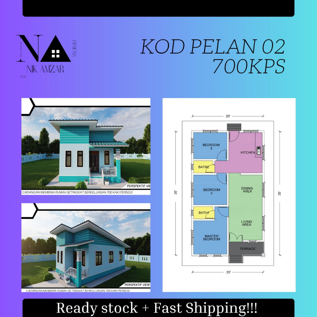 PELAN RUMAH KOD 02 (700KPS)(3 BILIK TIDUR) PELAN RUMAH 3D + PELAN ...