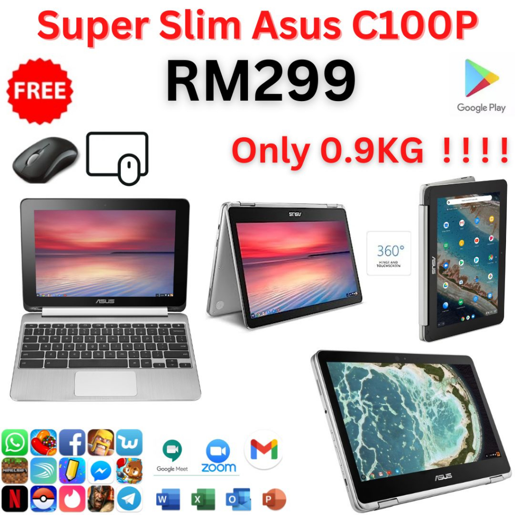 Super slim Asus C100P Chromebook 0.90KG Play store /Touch Screen / 360 ...