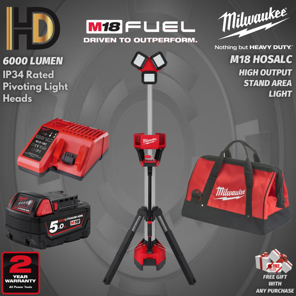 Milwaukee M18 HOSALC LED High Output Area Stand Light With Charger 6000 ...