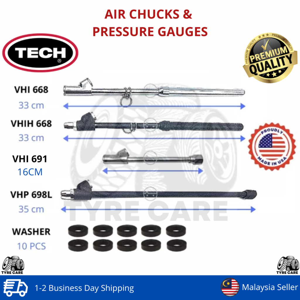 TECH Premium Air Chuck & Pressure Gauge (Made in USA); Heavy Duty Tayar ...