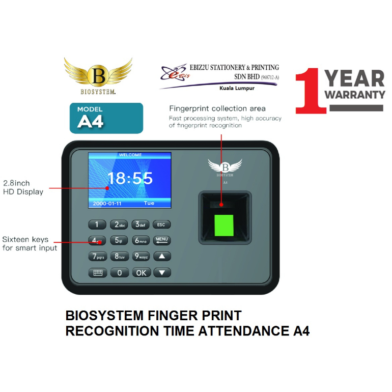 BIOSYSTEM FINGER PRINT RECOGNITION TIME ATTENDANCE A4 - Finger, ID Card ...